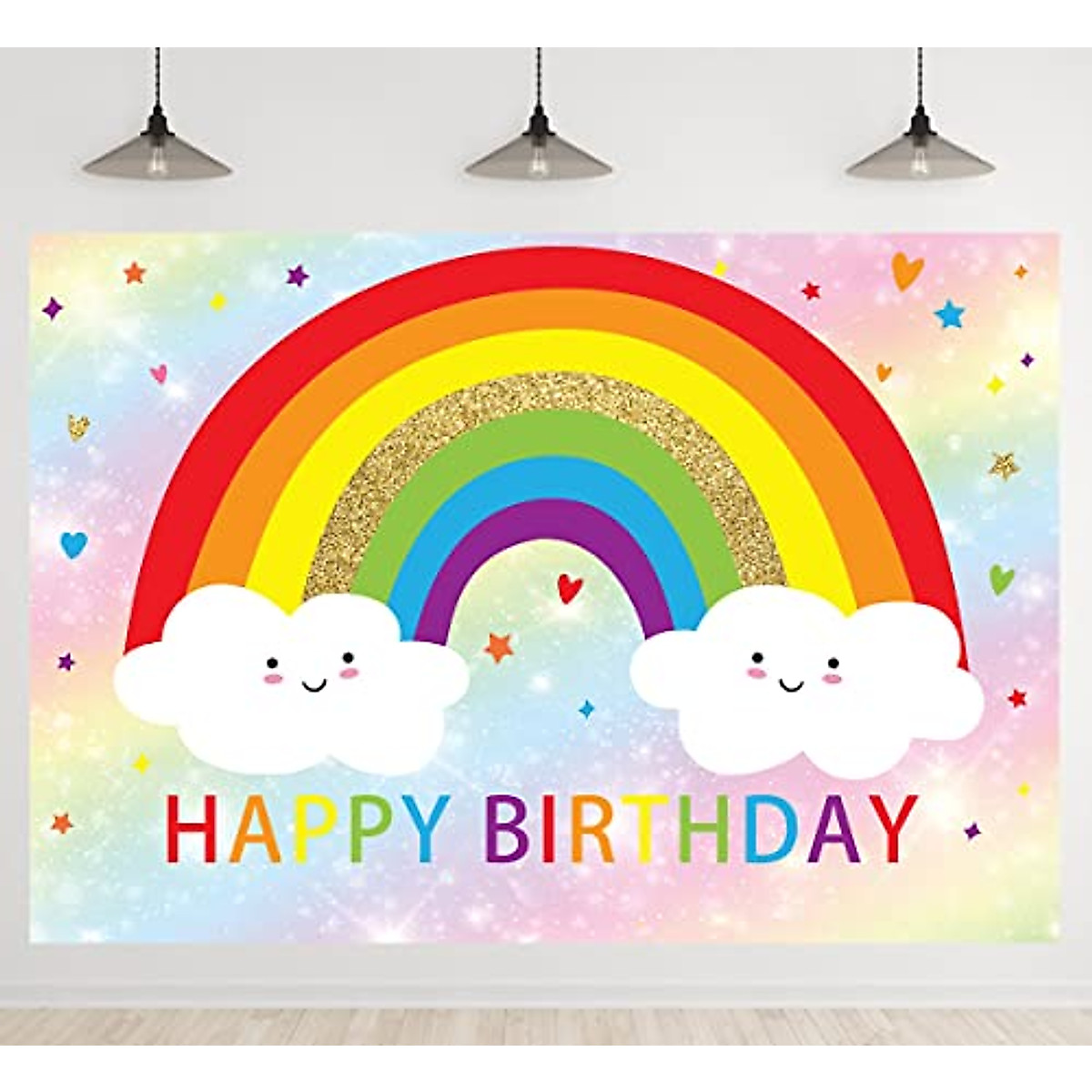 Rainbow Birthday Backdrops for Girls Bokeh Happy Birthday Party Decoration Supplies Kids Rainbow Clouds Cake Table Banner Photo Studio Props 5x3ft