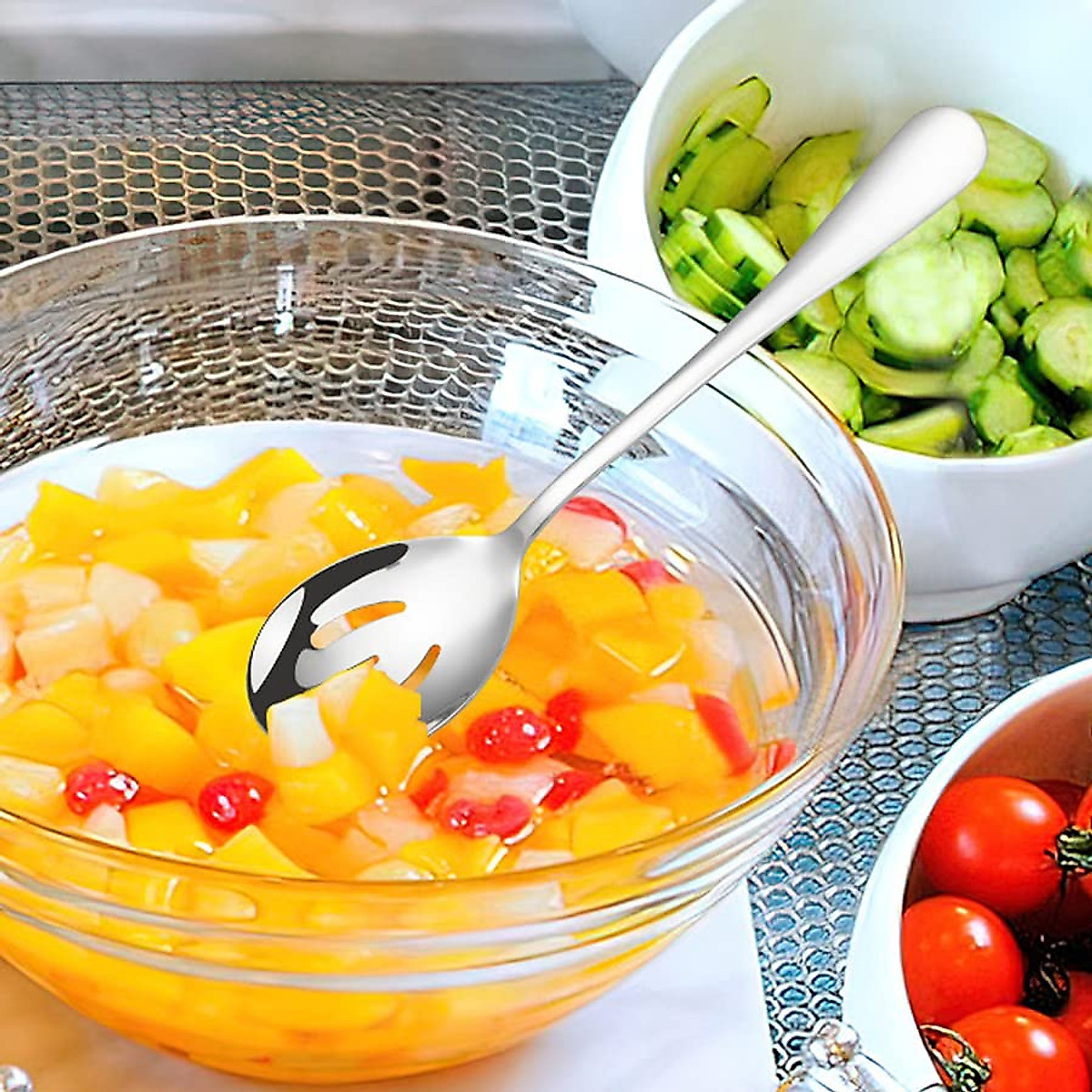 ARFUKA Salad Servers Stainless Steel Salad Serving Set Salad Spoon and Fork Set Kitchen Cooking Utensil Cutlery Gifts Silver, Set of 6