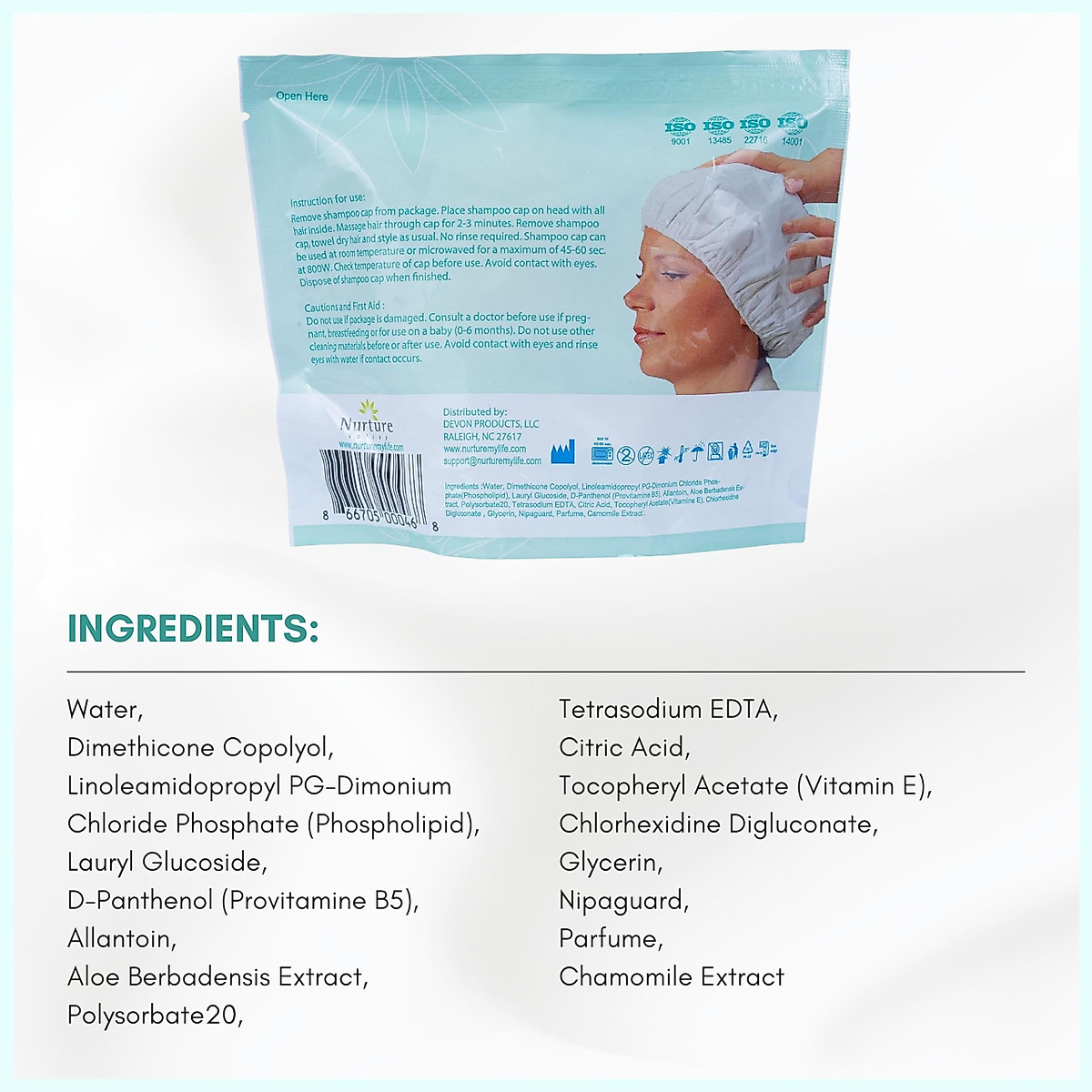 No Water Rinse Free Shampoo Cap by Nurture | Microwavable Hair Washing & Conditioning Shower Caps | Waterless Bathing | Disposable & Hypoallergenic for Adults, Bedridden & Elderly