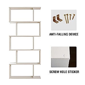 TinyTimes 5-Tier Wooden Bookcase, S-Shape Display Shelf and Room Divider, Freestanding Decorative Storage Shelving, 63'' Tall Bookshelf -White