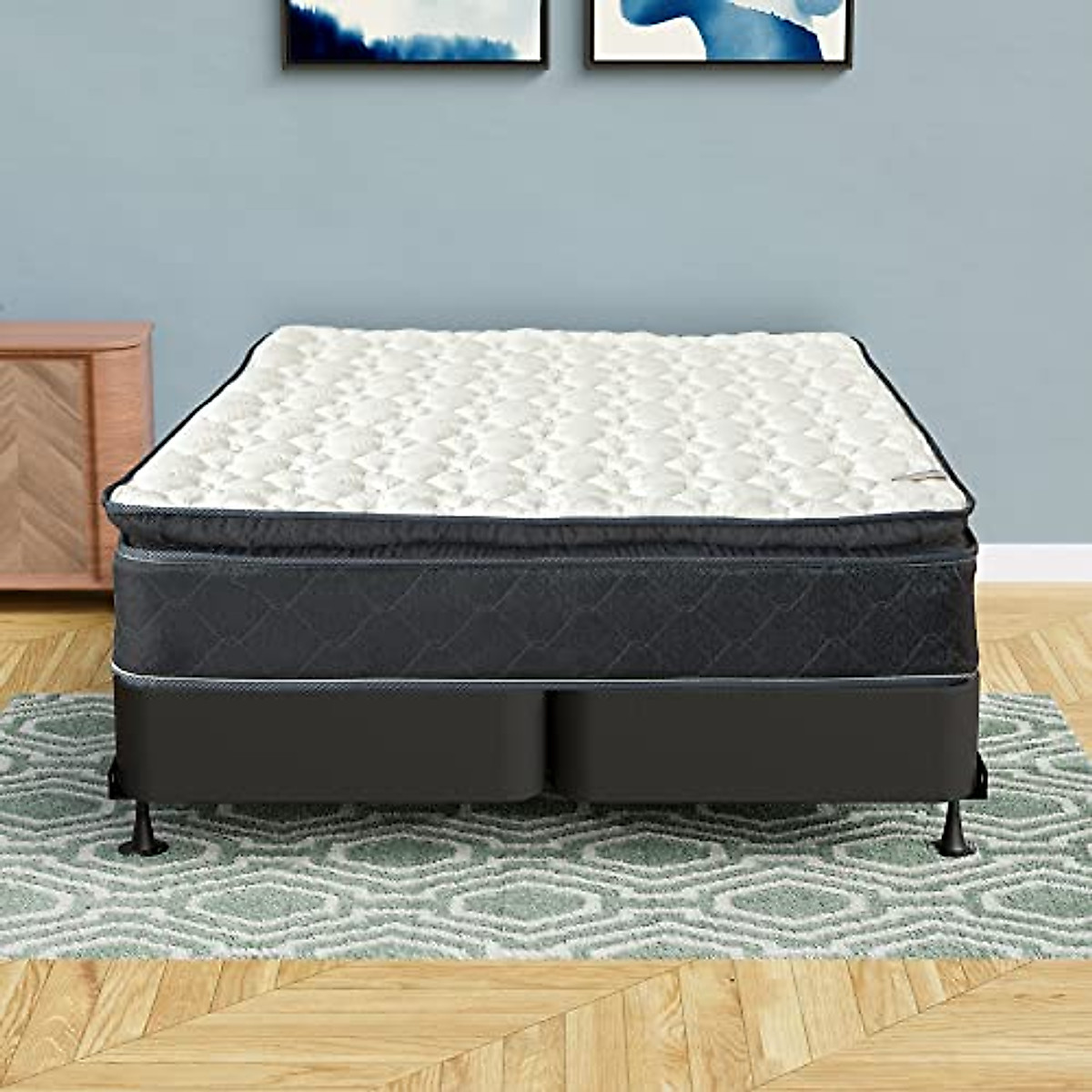 Treaton, 9-Inch Medium Firm Pillow Top Heavier Pocket Coil Hybrid Mattress, Motion Isolation with Durable Support, Bed 8" Split Wood Box Spring, Full, Black