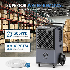 305 Pint Commercial Dehumidifier for Industrial Sites, 9000 sqft Large Spaces Commercial Grade Dehumidifiers with Drain Hose for Basements, Water Damage Restoration, 38 Gallon/Day.