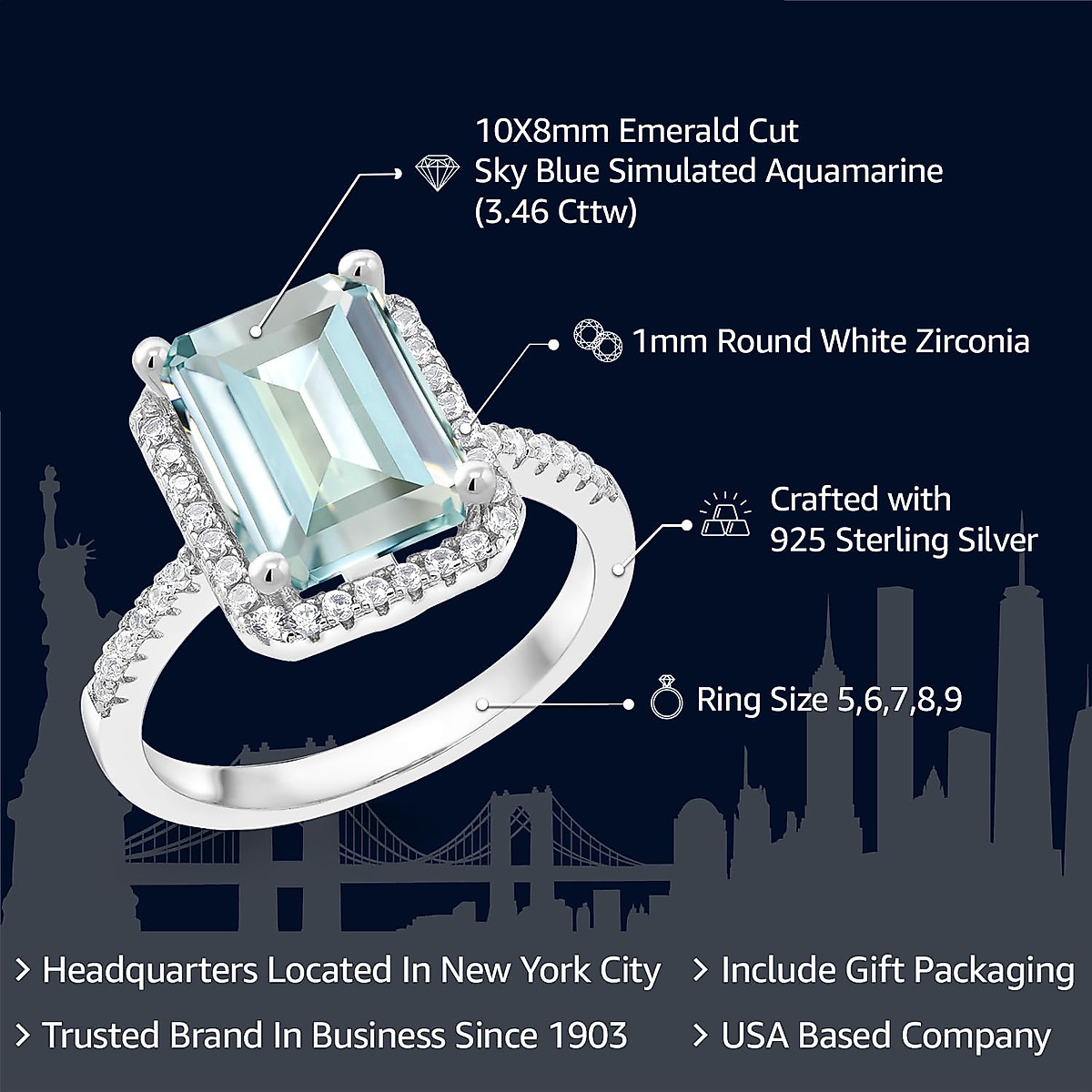 Gem Stone King 925 Sterling Silver Gemstone Birthstone Engagement Ring | Emerald Cut 10X8MM | Wedding Engagement Anniversary Promise Ring For Women | Available In Size 5, 6, 7, 8, 9