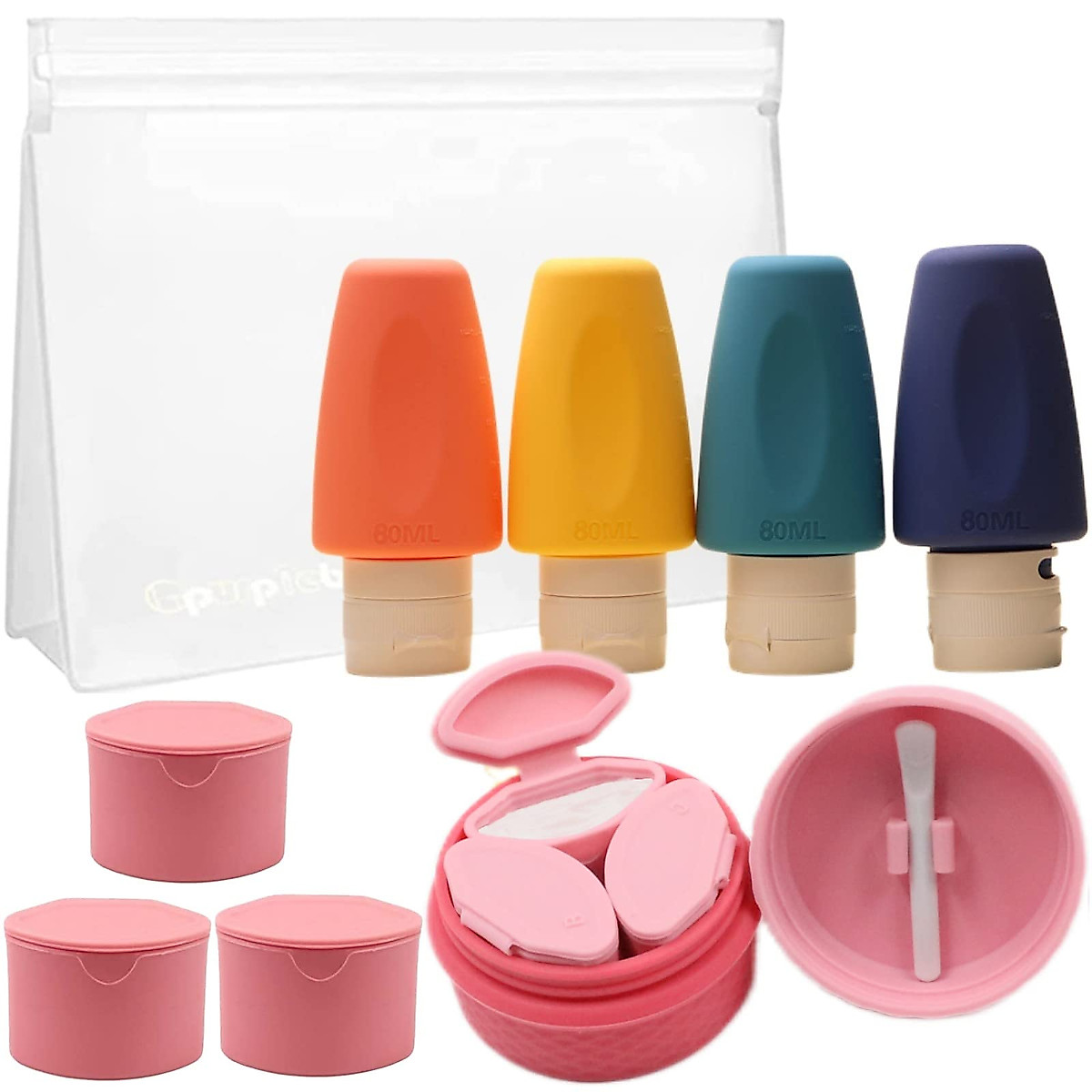 Gpurplebud Portable Travel Bottles Set, 10 Pack Refillable TSA Approved Travel Bottles for Toiletries 2.7oz Leak Proof with Travel Size Containers 2.8oz, with Toiletry Bags (Pink-kits)