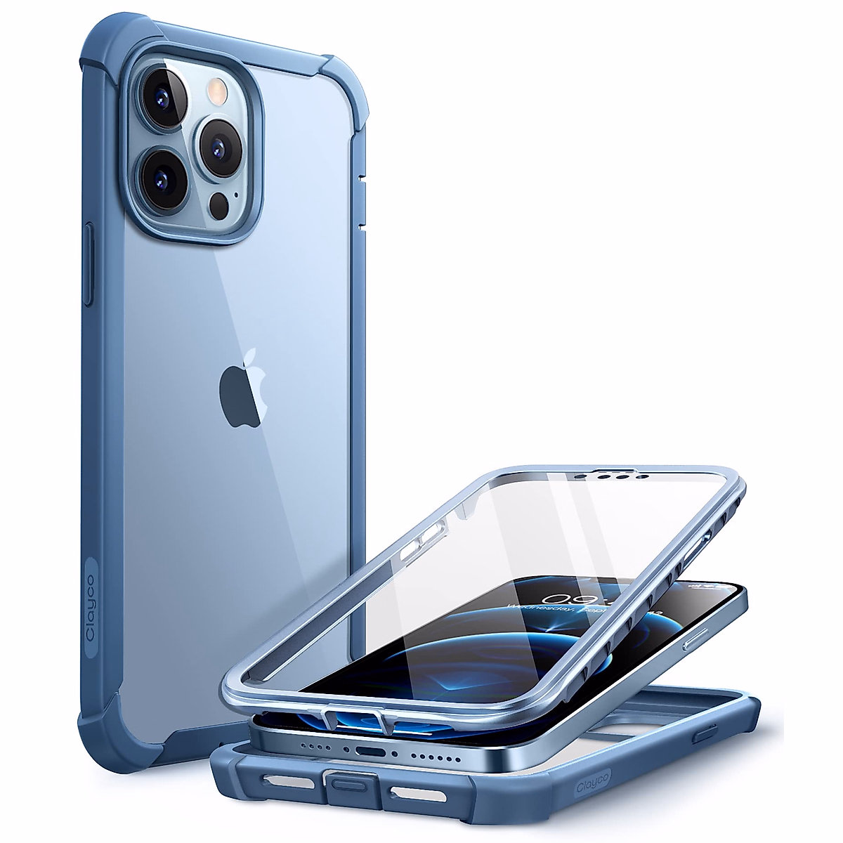 Clayco Forza Protective Case for iPhone 13 Pro Max 6.7 inch (2021 Release), Built-in Screen Protector, Dual Layer Rugged Cover with Full-Body Soft TPU Bumper (Azure)