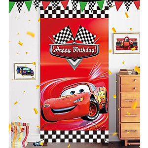 Generic 36x72inch Racing Car Cartoon Birthday Banner Cars Story Race Party Door Cover Black White Grid Flag Children Boys Happy Birthday Decoration Supplies, red