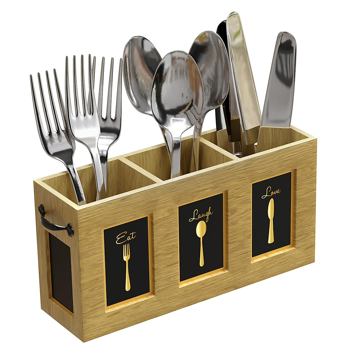 Bamboo Silverware Caddy, Cutlery Holder with Handle - 3 Compartment Utensil Holder and Easy to Clean Spoon Fork Knife Holder - Non-Slip utensil holder for kitchen counter and farmhouse kitchen décor