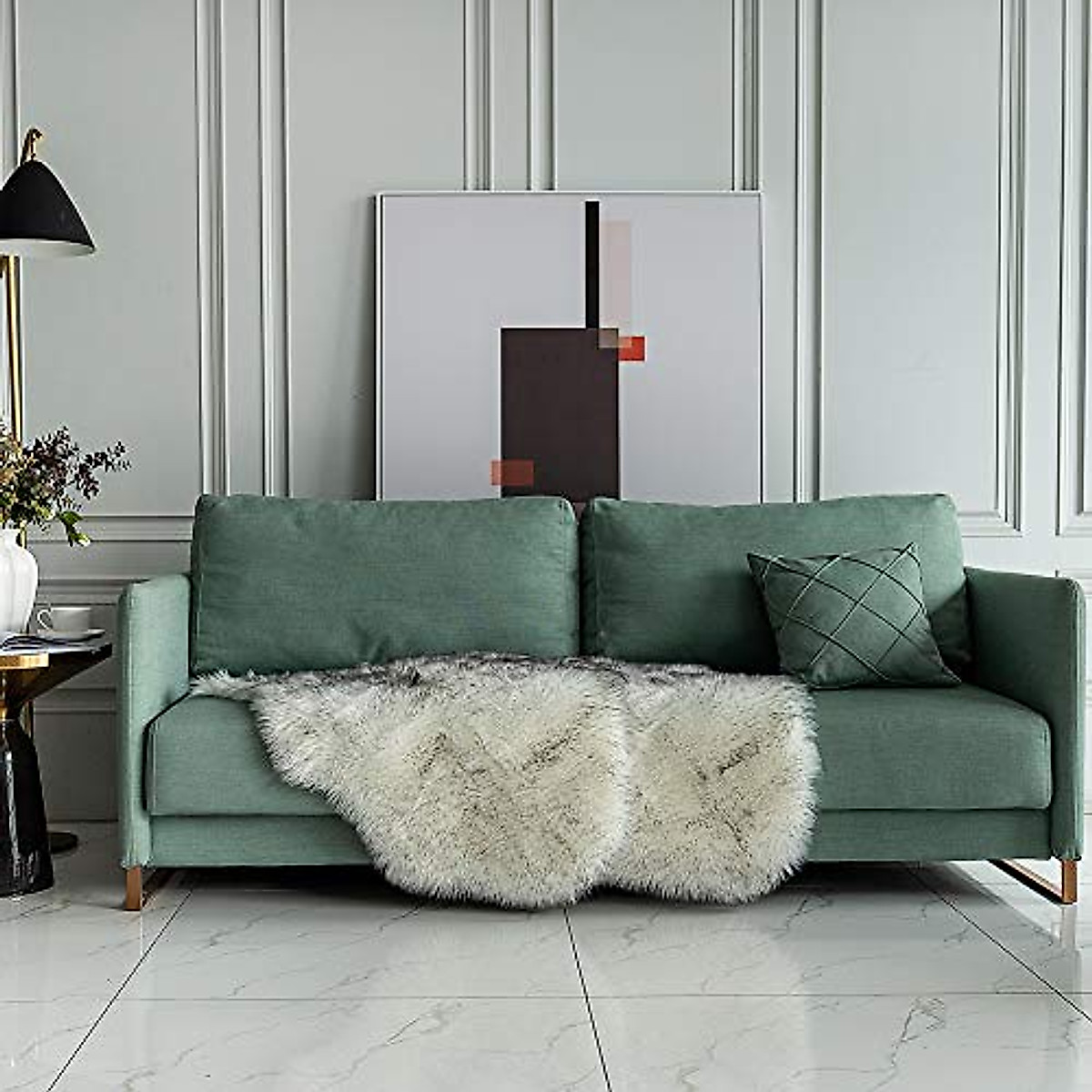 Carvapet 2 Pieces Soft Fluffy Faux Fur Chair Couch Cover Plush Sheepskin Area Rug Bedroom Living Room 2 x 3 Feet,Black/White