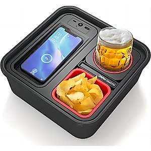 Zigtiger Cup Holder Tray, Couch Organizer with Wireless Power Bank & Snack Cup, Sofa Tray Couch Caddy Couch Arm Table, Self Balancing Console for Sofa, Bed, Car, Beach, Travel, Video Gaming, Black