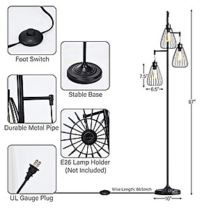 Tangkula 3 Lights Industrial Floor Lamp, Rustic 3-Head Tall Lamp, 67Inch Metal Standing Lamp, Tree Lamp with 3 Hanging Lampshade, Cage Floor Lighting for Farmhouse Living Room Kitchen Bedroom (Black)