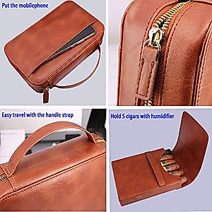 AMANCY Portable Multi-Function Brown Leather Cedar Wood Lined 5 Holder Cigar Case, Cigar Organizer Humidor with Cutter and Lighter,Great Gift for Cigar Lovers