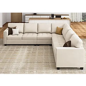 HONBAY Modular Velvet Sectional Couch, Convertible L Shaped Sofa with Reversible Chaise Oversized Sectional Corner Sofa Set for Living Room, Beige