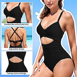 OPPOSHE One Piece Swimsuit Women Tummy Control, Cutout High Waisted Bathing Suits with Adjustable Straps, Black, M