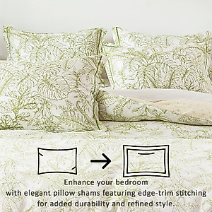 LEMIROE 100% Cotton Duvet Cover Queen Size,Botanical Design with Green Tropical Leaves on White,Beige Reversible Bed Sets 3Pcs,Button Closure