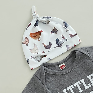 Kayotuas Newborn Baby Boy Girl Clothes Cow Print Romper Bodysuit and Pants with Hat/Headband 3Pcs Western Coming Home Outfits (Little Nugget Chicken Grey, 3-6 Months)