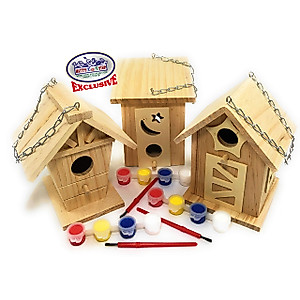 Matty's Toy Stop Paint Your Own Small Wooden Birdhouses (Includes Paints & Brushes) Gift Set Bundle - 3 Pack
