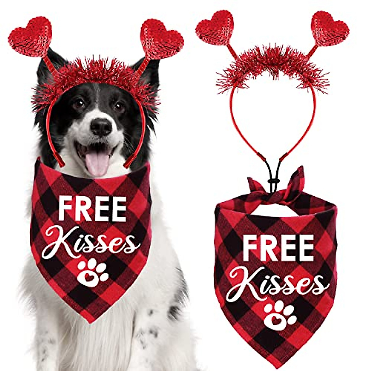 STMK Valentine’s Day Dog Bandana Outfits, Valentine’s Day Heart Headband Plaid Valentines Dog Bandanas Costumes for Small Medium Large Dogs Valentine’s Day Costumes (Free Kisses)