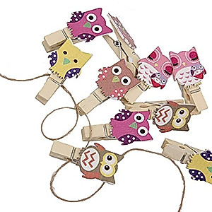 ARTIBETTER 10pcs Cartoon Wooden Clothespins with Jute Twine Cute Owl Shape Photo Holders Peg Pin Pictures Strings Clamp Album Postcard Note Paper Hanging Clips