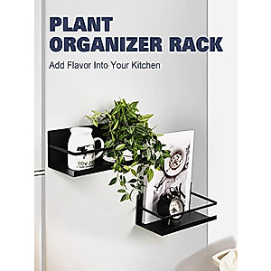 BRONYPRO Magnetic Spice Rack, 2 Pack Magnetic Shelf for Refrigerator, Large Spice Rack, Space Saver for Small Kitchen, Hanging Magnetic Storage With 4 Hooks, for Spices, Plates, Books, Plants（Black）