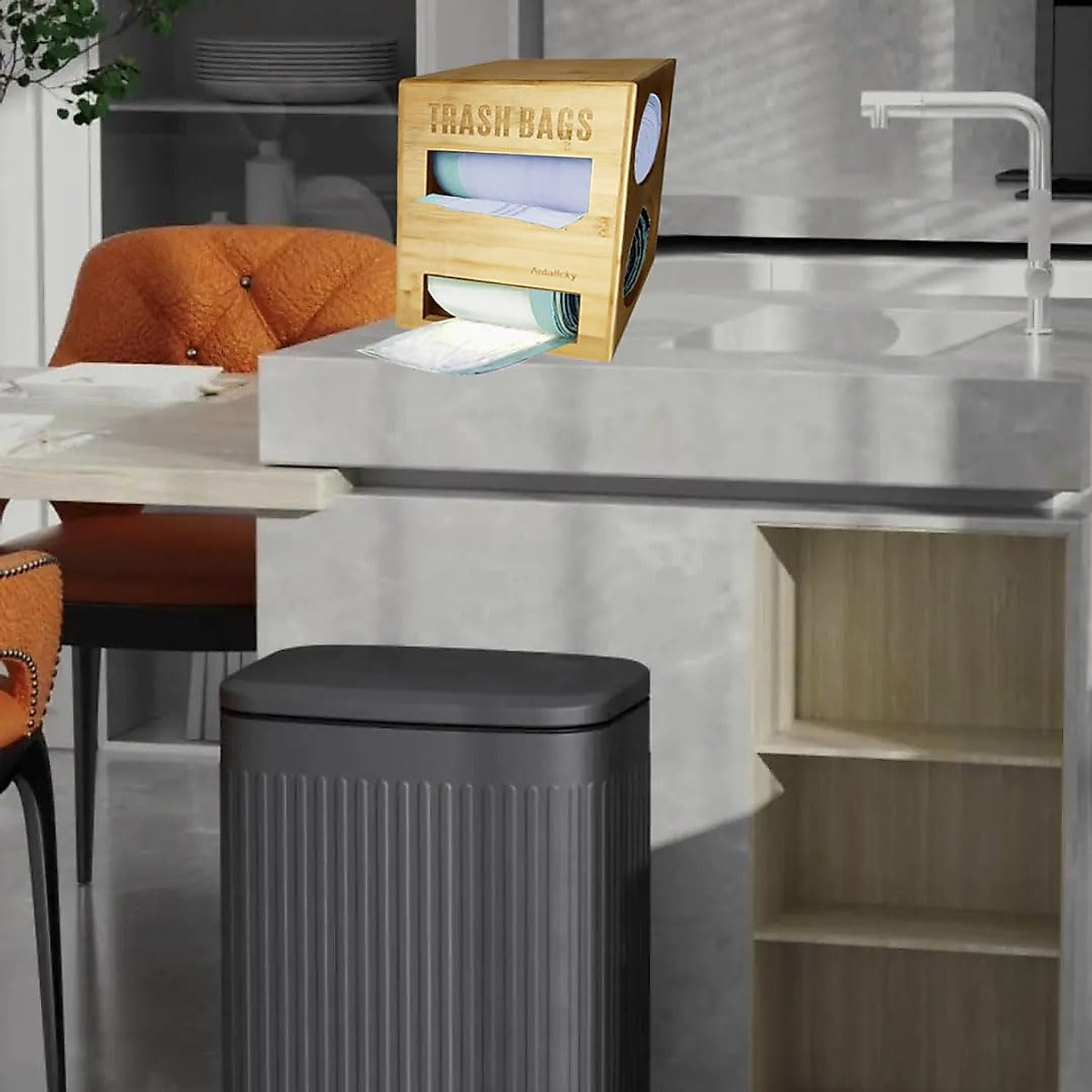 Antallcky Bamboo Trash Bag Dispenser Roll Holder 13 Gallon 2 Rooms,Garbage Bag Storage Dispenser Organizer Wall Mount or Under Sink for 2 Rolls of Plastic Bags(Up to About 160 Bags)