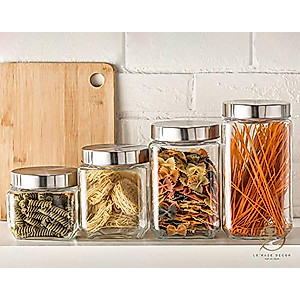 4pc Square Glass Cookie Jars with Airtight Lids + Marker & Labels, Canister Sets for Kitchen Counter or Bathroom - Food Storage Containers with Lids for Pantry - Flour, Sugar, Coffee, Cookies, etc.