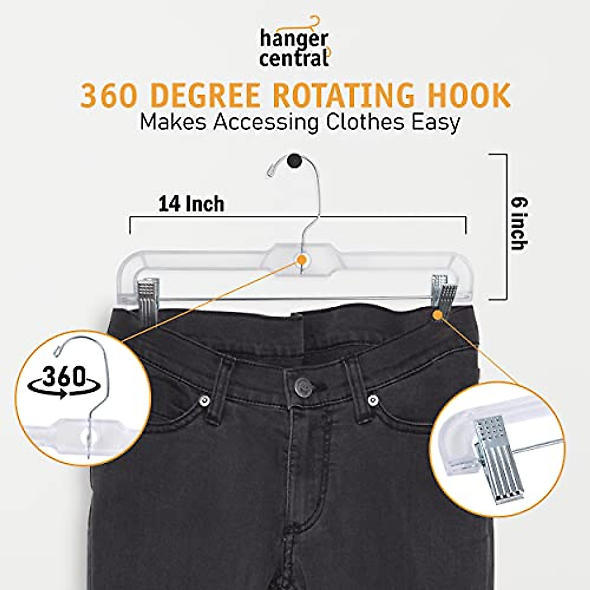Hanger Central Space Saving Heavy Duty Slim Clear Pants Hangers, Ridged Non-Slip with Adjustable Pinch Clips, 360-Rotating Chrome Swivel Hook, 14 Inch, 25 Pack