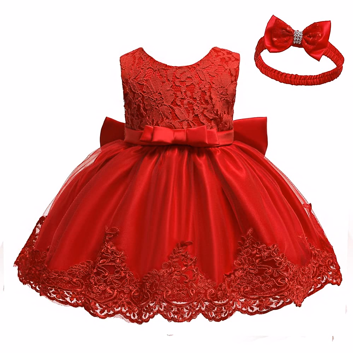 Newborn Baby Girls Formal Dress Infant Birthday Party Lace Frocks Easter Dresses with Headwear (Red 8348,3M)