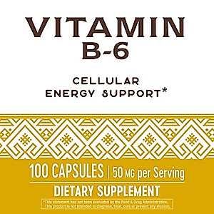 Nature's Way Vitamin B-6 Supplement, Cellular Energy Support*, 50mg per Serving, 100 Capsules