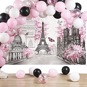 76 Pcs Paris Party Supplies Set Pink Paris Theme Party Decoration Eiffel Tower Party Backdrop White Pink Black Balloon Arch Garland Kit for Kid Boy Girl Birthday Decoration
