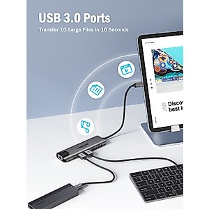USB C Hub, Lemorele USB-C Hub (6-in-1) with 4K@60Hz HDMI, Gigabit Ethernet,100W Power Delivery, USB-C and 2 USB-A 5 Gbps Data Ports, USB c Adapter for MacBook Air, MacBook Pro, XPS, and More
