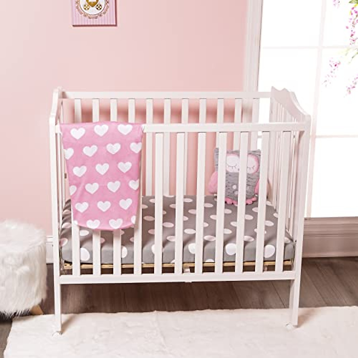 2 Pack n Play Mattress Sheets – 100% Jersey Knit Cotton Soft Portable Crib Mattress Sheets for Girls with Pink Heart and Gray Polka Dot Design; 2 Pc Playpen Mattress or Mini Crib Sheet Fitted Set