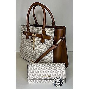MICHAEL Michael Kors Hamilton MD Satchel bundled with Trifold Wallet and Purse Hook (Signature MK Vanilla/MK Vanilla)