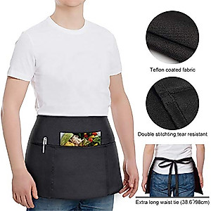 2 Pack Waitress Apron - Server Aprons with 3 Pockets - Water & Oil Resistant Waist Apron with Pockets - Black Aprons For Servers - Half Aprons For Women With Pockets - 12 Inch