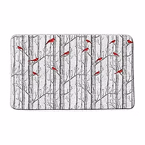 Tree Bird Bath Mat Abstract Birch Tree Forest Red Bird Branches Leafless White Gray Fall Nature Winter Holiday Christmas Bathroom Decor Memory Foam Kitchen Rug,17.8x29.5 Inch