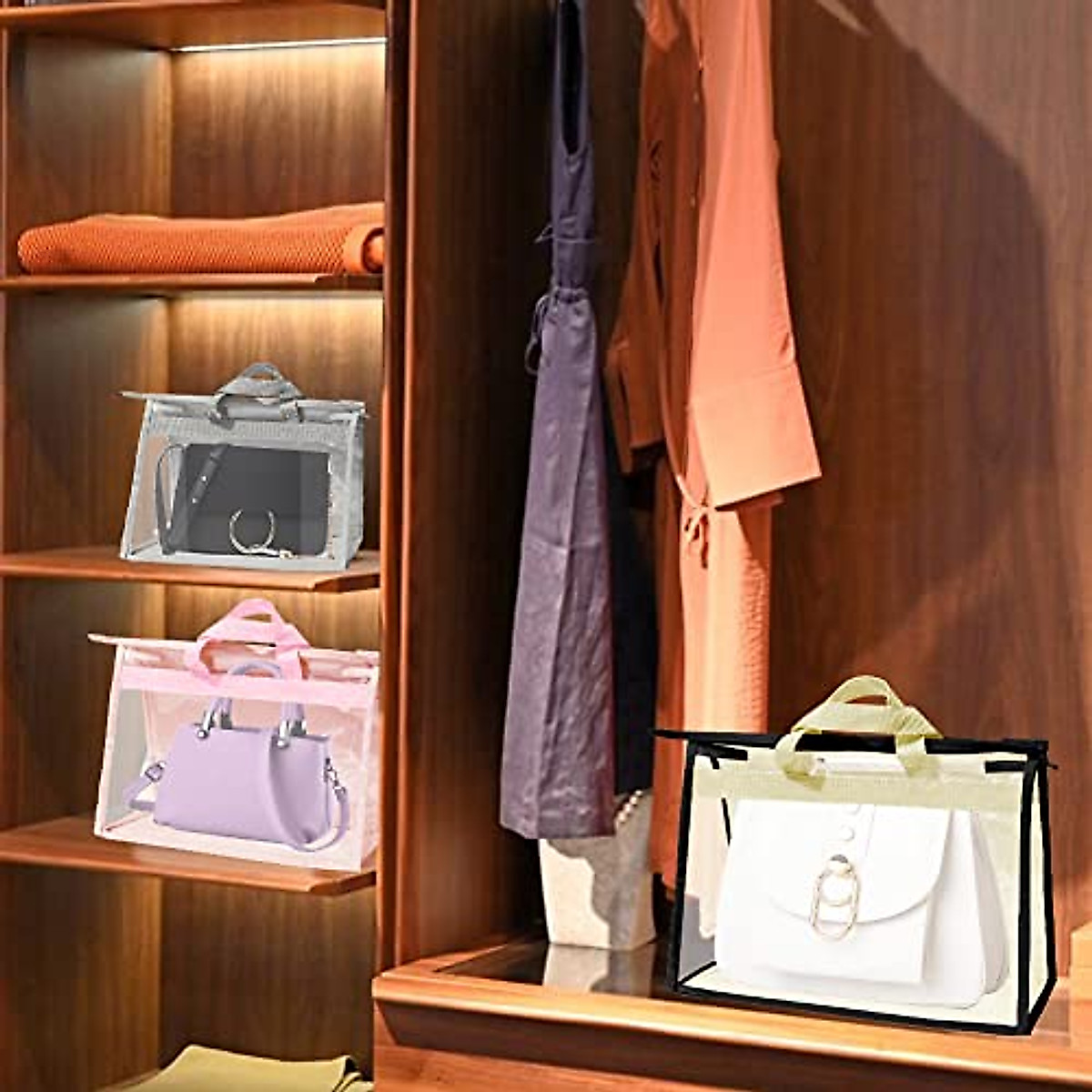 12 Pack Dust Bags for Handbags,Clear Handbag Storage Organizer with 12 Hooks Purse Dust Cover Storage Bag 4 Sizes Handbag Protector Bag for Closet (Gray+Pink+Yellow)