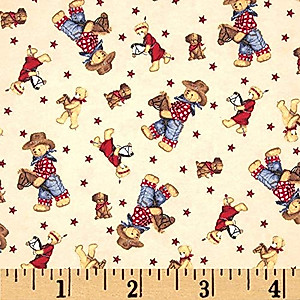 Flannel Tossed Cowboy Bears Ivory/Multi, Fabric by the Yard