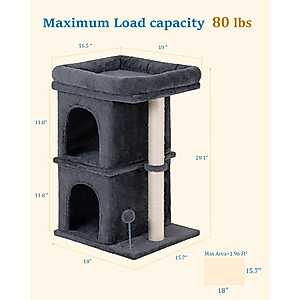 Aechonow Cat Tree for Large Cat, 19 * 16.5In Large Cat Perch, Adult Cat Tower for Indoor Cats with 24In Long Scratching Post, 2 Cozy Cat Condo House for Adult & Fat Cats, Dark Gray