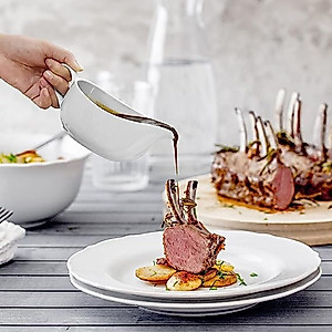 Qlans Gravy Boat With Ladle and Saucer 17 Oz,Ceramic Sauce Boat with Tray for Salad Dressings Milk,Warming Sauces,Creamer,Broth,Black Pepper,White (1 PCS New Gravy Boat With Ladle and Saucer)