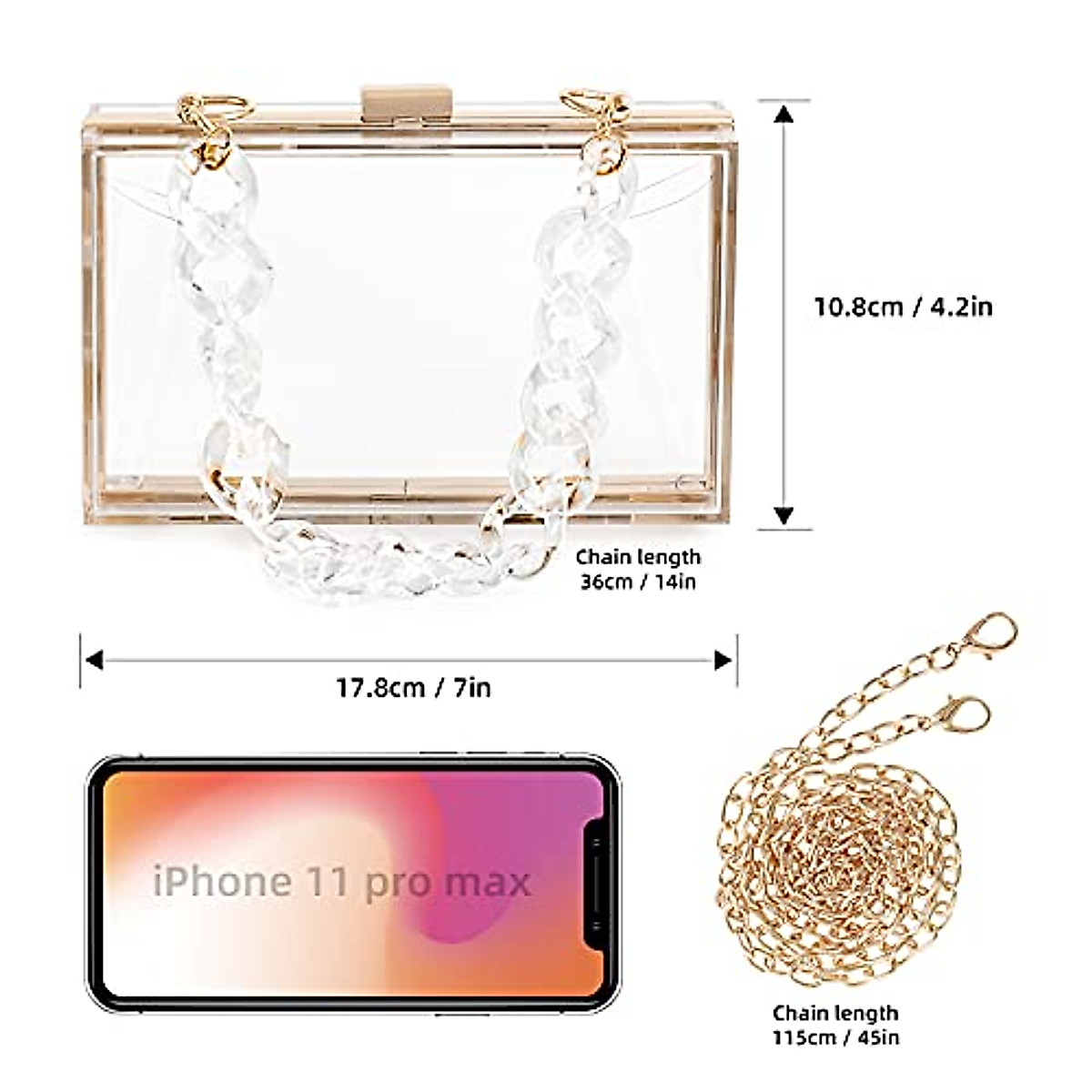 WJCD Women Clear Purse Acrylic Clear Clutch Bag Transparent Crossbody Purse Evening Bag (Double Chain transparent)
