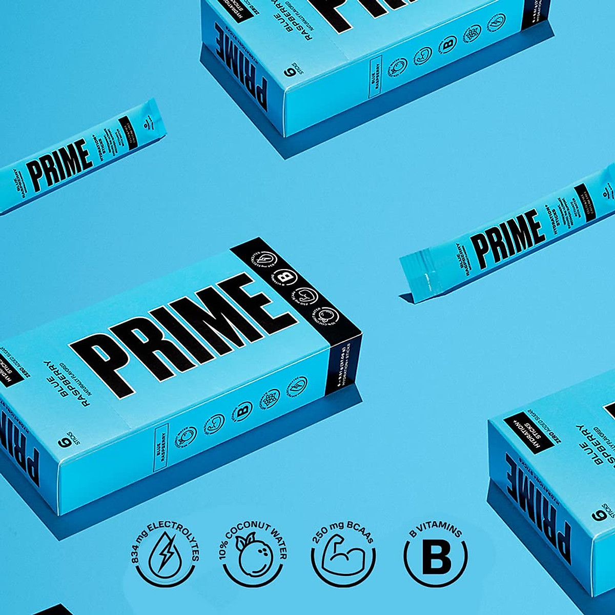 PRIME HYDRATION+ Sticks Blue Raspberry | Hydration Powder Single Serve Sticks | Electrolyte Powder On The Go | 250mg BCAAs, B Vitamins, Antioxidants | Low Sugar | Caffeine-Free | Vegan | 6 Sticks