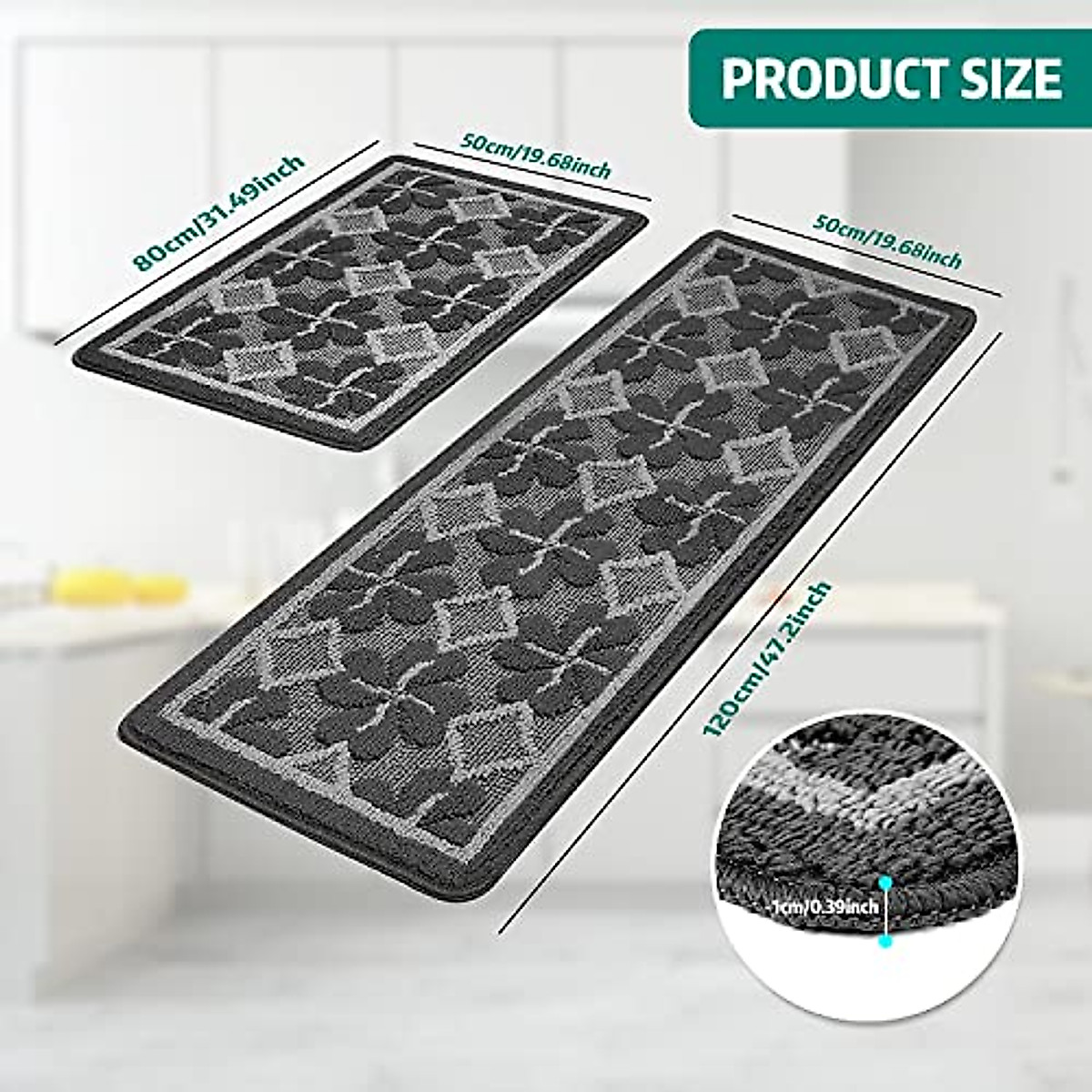 EGOBUY 47x19 Inch/31x19 Inch Kitchen Mat Rugs Made of Polypropylene 2 Pack Soft Kitchen Rug Set Specialized in Anti Slippery & Machine Washable for Home Kitchen, Grey