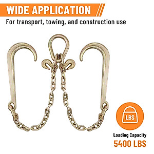 SPARKWHIZ G70 J Hook Tow Chain V Bridle with 15" J Hooks, 5/16'' Grab Hooks, 2ft Legs, Flatbed Truck Safety Chains 5,400 lbs