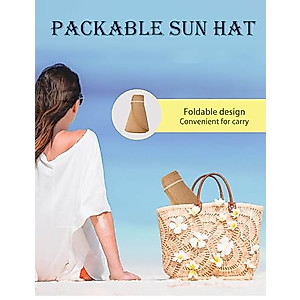 OTPEH Women Packable Beach Sun Straw Hats Wide Brim Visor Sunhat Travel Foldable Summer UV Protection Khaki