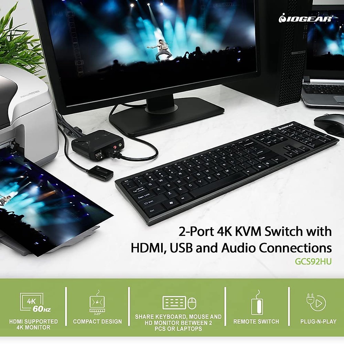 IOGEAR KVM 2-Port USB HDMI Cable KVM with Remote – 4096x2160 60Hz – Plug-n-Play - USB Hub and USB Peripheral Sharing - Attached HDMI and USB KVM Cables - Windows, Mac, and Linux - GCS92HU