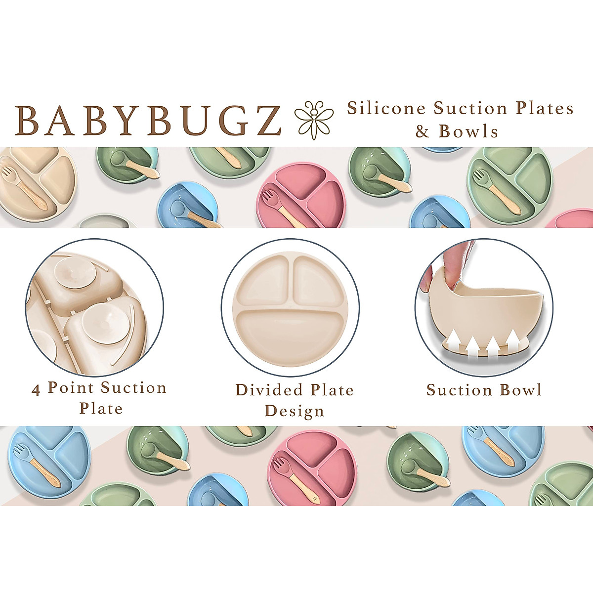 BabyBugz 7 Piece Baby Silicone Feeding Set, Baby Led Weaning Supplies with Silicone Suction Baby Bowls, Baby Silicone Plate With Suction and Baby Bibs, Baby Essentials Led Weaning Utensils (Sand)