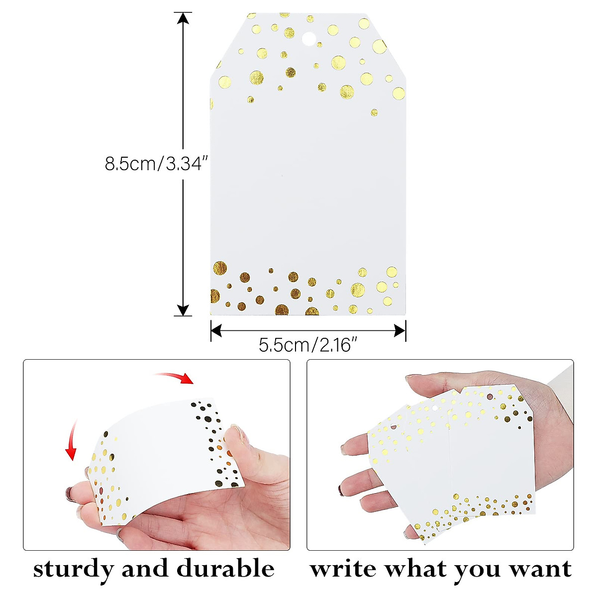 G2PLUS Foil Gold Dots Gift Tags,50Pcs White Paper HangTags with String,Metallic Gold Dots Present Tags Personalized Blank Labels for Wedding,Gift Wrapping,Birthday,Party Favors（3.34"×2.16"