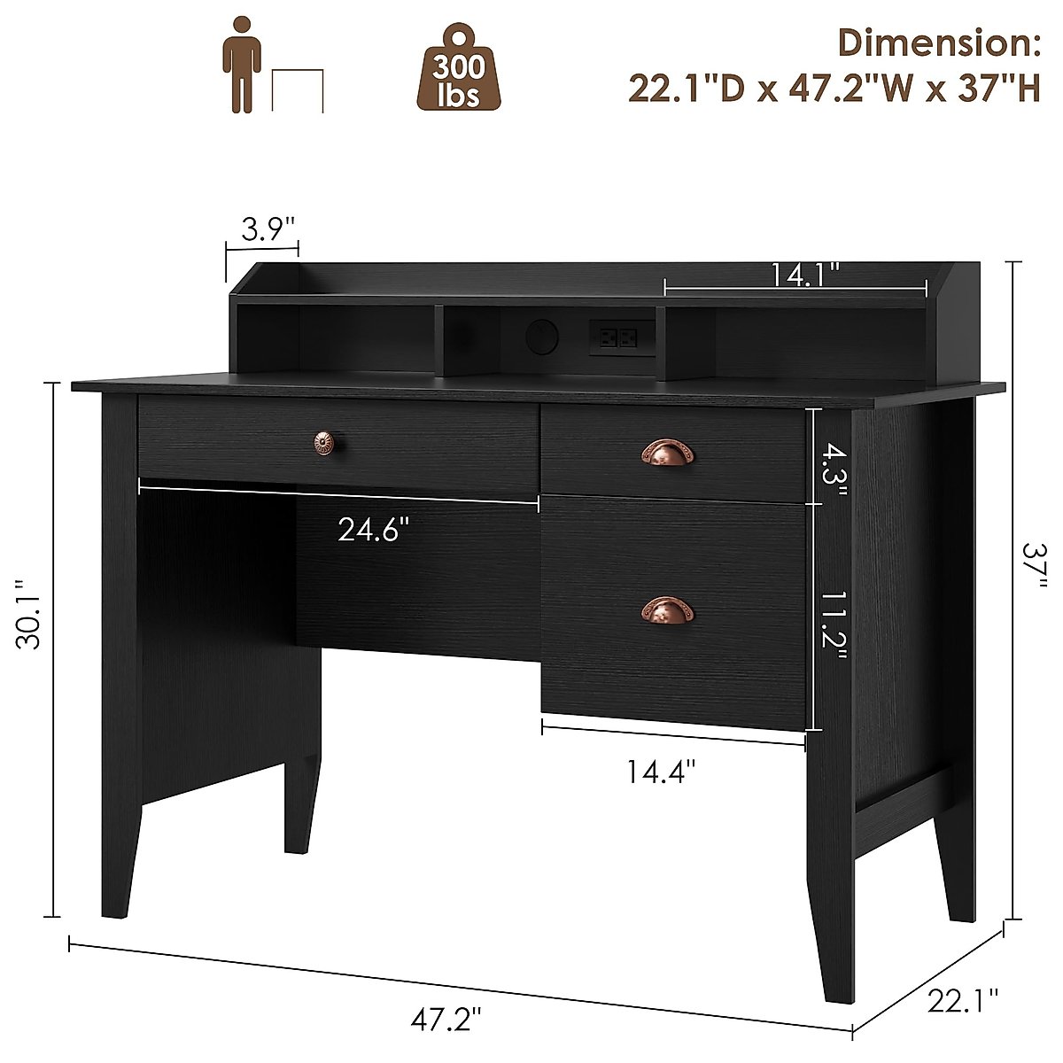 TTVIEW Computer Desk with Storage Drawers & USB Charging Port, Home Office Executive Desk with Hutch Shelf and File Drawer, Writing Study Table with 47" Wide Tabletop for Small Spaces, Black