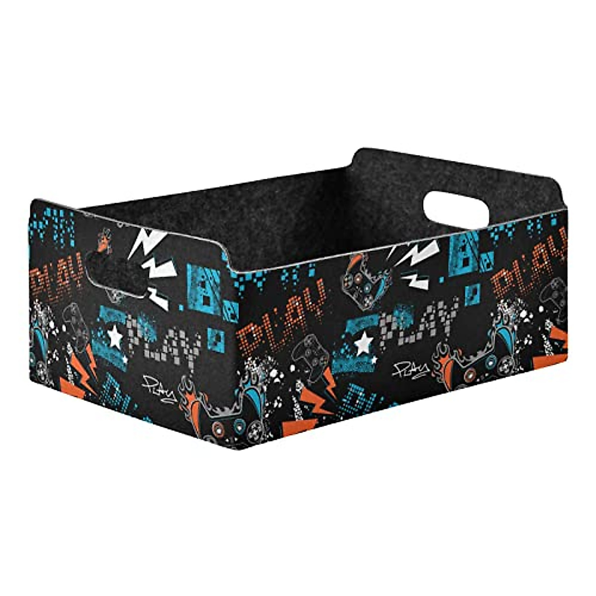 CaTaKu Foldable Storage Basket Gamer Cute Black Collapsible Felt Storage Bins with Handle Drawer Organizer Bin Cube Shelf Box for Organizing Closet Clothes Office Books Bedroom