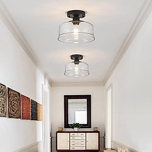 TSMKLEDAN Semi Flush Mount Ceiling Light, Modern Light Fixture Ceiling Mount with Seeded Glass Shade, Black Farmhouse Light Fixtures for Hallway Porch Bedroom Corridor Kitchen