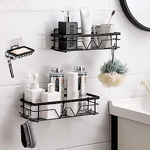 Shower Caddy Basket, Adhesive Shower Shelves with 3 Hooks/1 Soap Holder, No Drilling Bathroom Storage Organizer Rack Stainless Steel Black Shower Self for Inside Shower, Kitchen, Restroom, Toilet